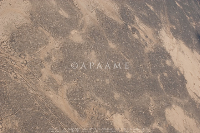 Rajil Site Aerial View: Intersecting Walls and Circular Enclosures in the Desert